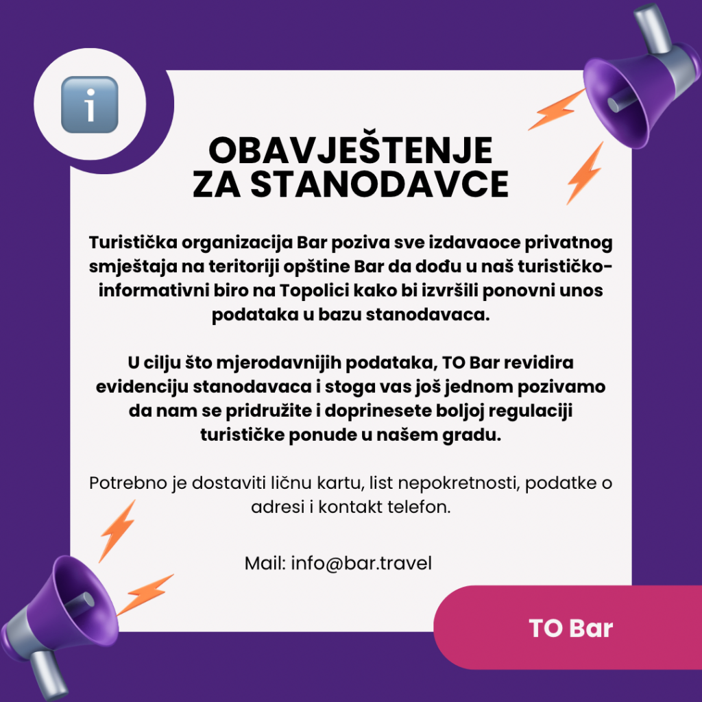 Bar: Izdavaoci privatnog smještaja da prijave svoje kapacitete | Share Montenegro